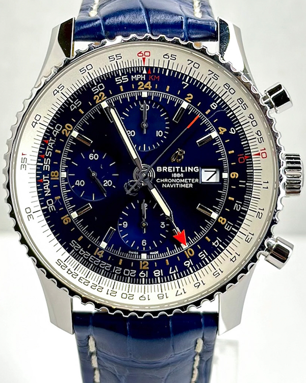 Breitling Navitimer World GMT Chronograph 46MM Blue Dial Leather Strap ...