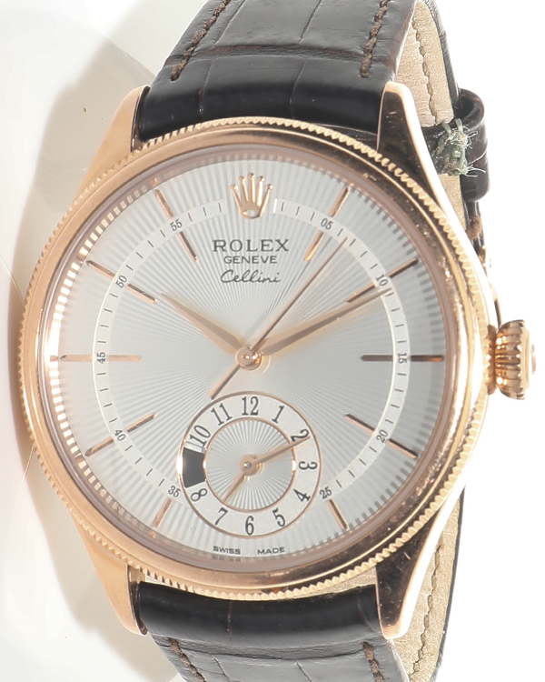 Rolex Cellini Dual Time 39MM Silver Dial Leather Strap (50525) – Grailzee
