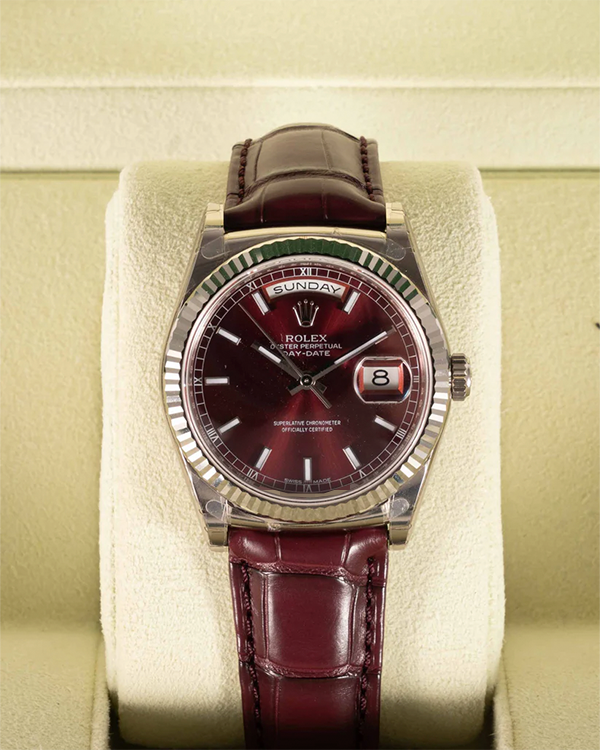 2014 Rolex Burgundy Day-Date 36MM Red Dial Leather Strap (118139 ...