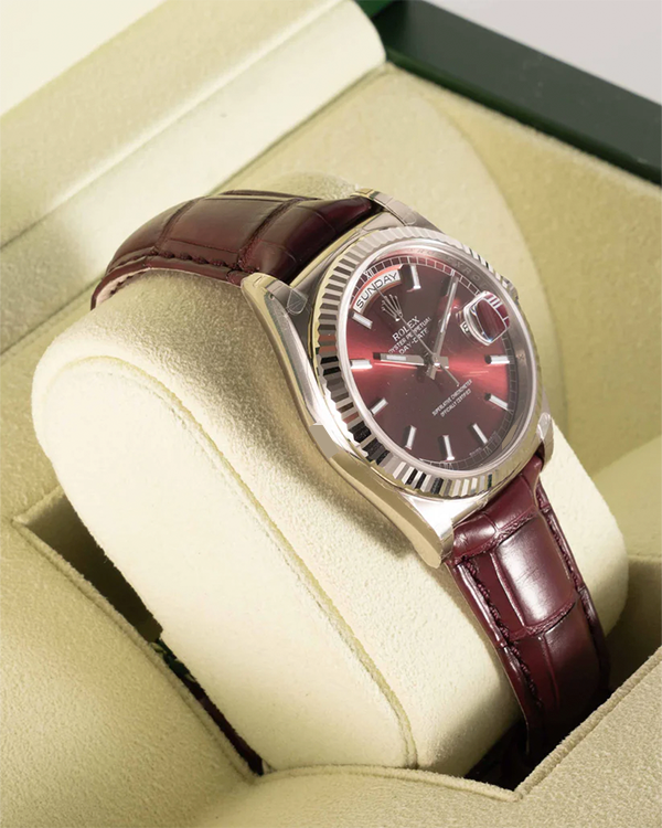 2014 Rolex Burgundy Day-Date 36MM Red Dial Leather Strap (118139 ...