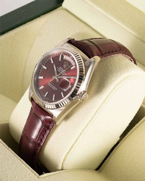 2014 Rolex Burgundy Day-Date 36MM Red Dial Leather Strap (118139 ...