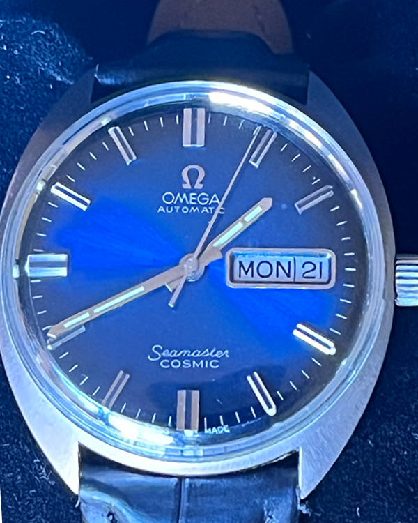 Omega Seamaster Cosmic Day-Date Vintage 35MM Blue Dial Leather Strap ...