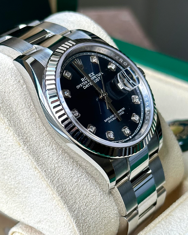 Rolex Datejust 36 Oystersteel Fluted Bezel Factory Diamonds Blue Dial ...