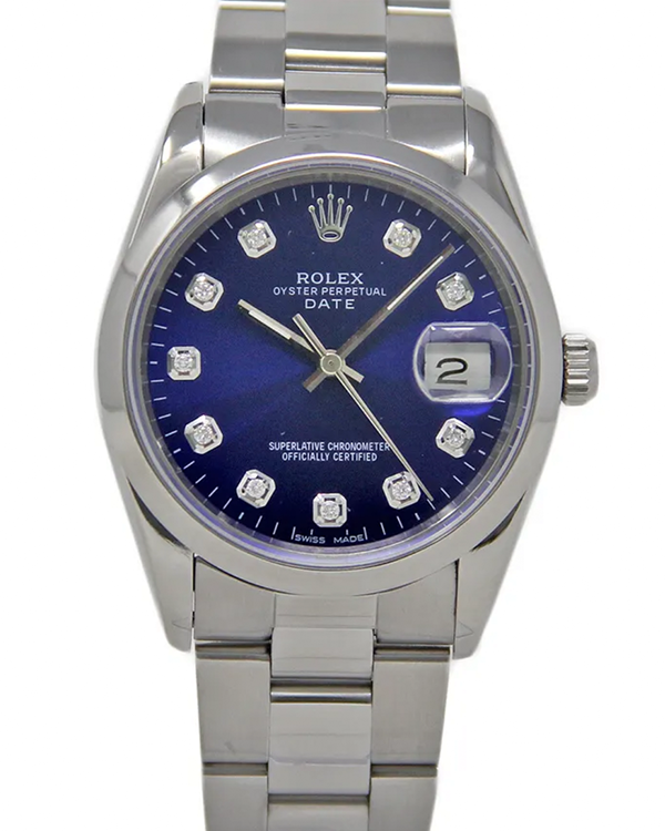 Rolex Oyster Perpetual Date 34MM Steel Customized Diamonds Blue Dial ...