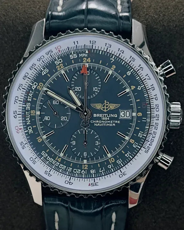 2014 Breitling Navitimer World GMT 46MM Blue Dial Leather Strap (A2432 ...