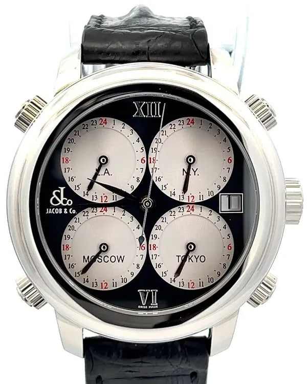 Jacob & Co. Five Time Zones L.E. 47MM Black Dial Leather Strap (H24 SS ...