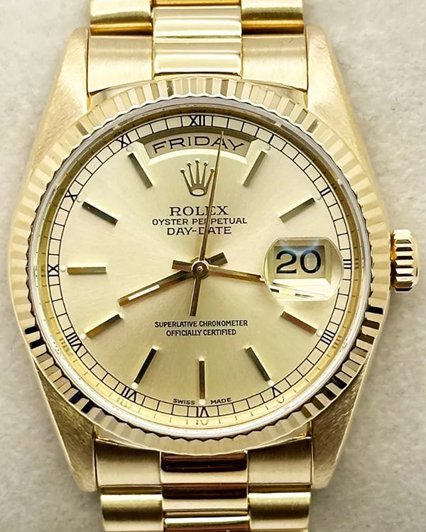 1990 (E Serial) Rolex Day-Date 36MM Champagne Dial Yellow Gold Preside ...