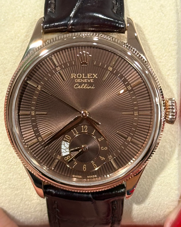 Rolex Cellini Dual Time 39MM Chocolate Dial Leather Strap (50525 ...