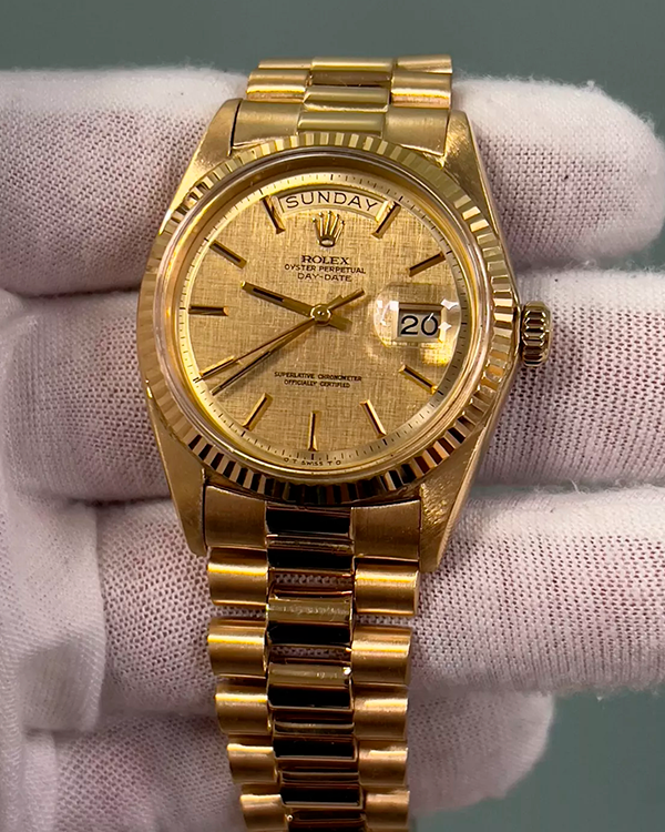 Rolex Day-Date 36MM Champagne Linen Pie Pan Dial Yellow Gold President ...